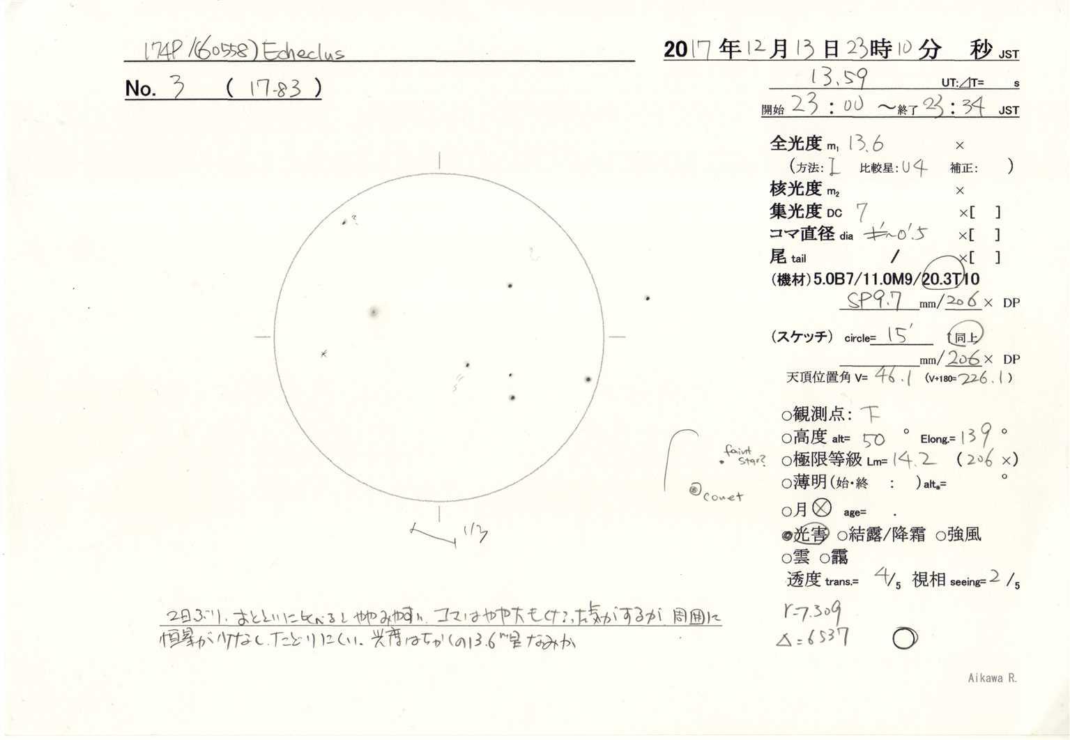 バースト6日目・12月13日のスケッチ。 174p 60558 Echeclus エケクルス彗星